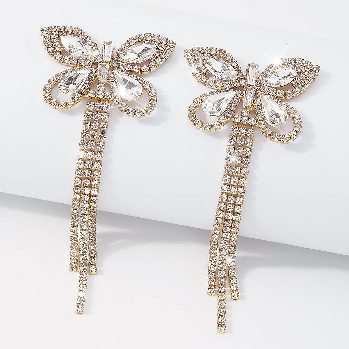 Girlssory Long Bow Tassel Earrings Full Diamond Earrings Butterfly Long Tassels Earrings Fashion Dangle Earrings for Women (Gold A)