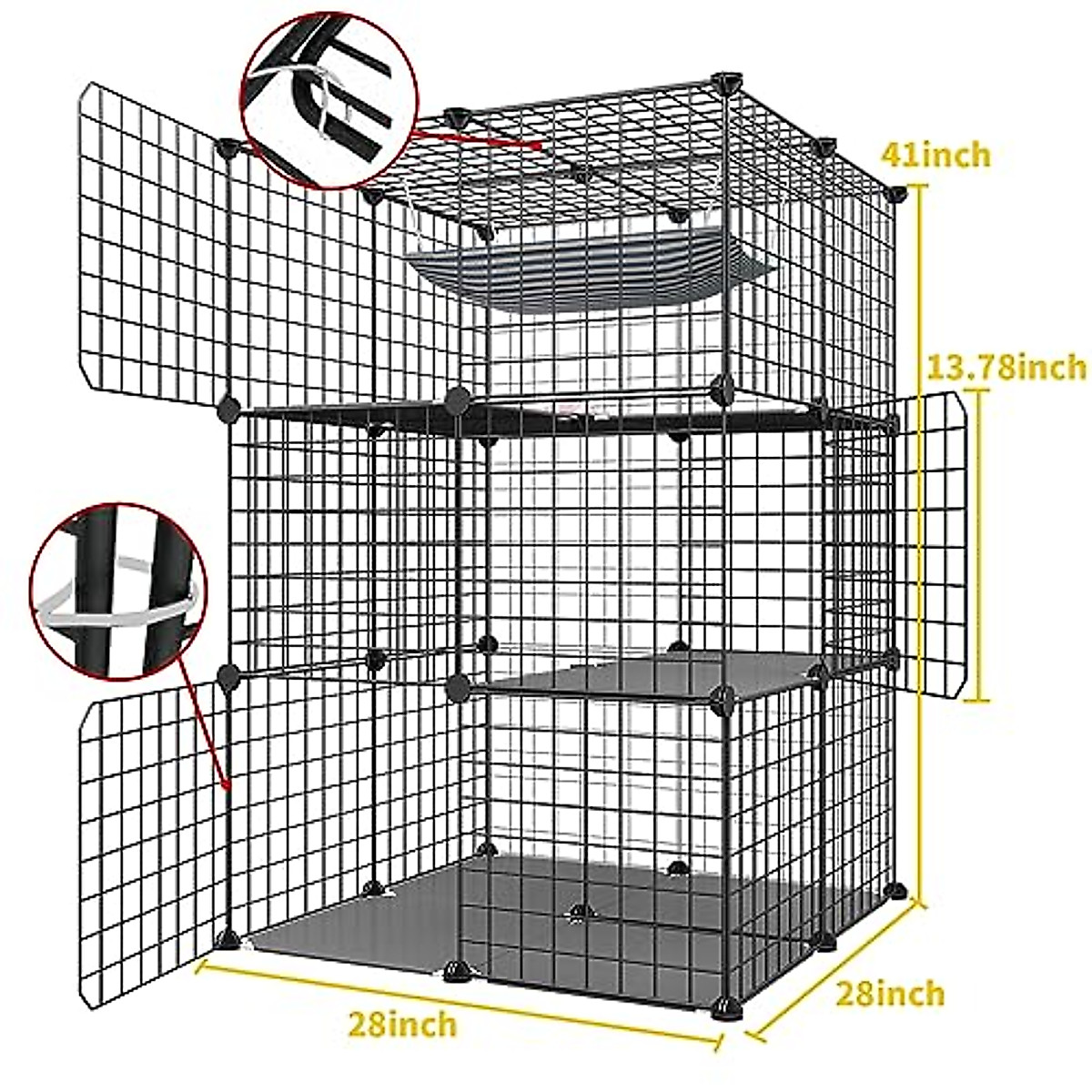 Eiiel 3-Tier Cat Cage Enclosures Indoor DIY Cat Playpen Detachable Metal Wire Kennels 2Lx2Wx3H Crate Large Exercise Place Ideal for 1-2 Cats, Black