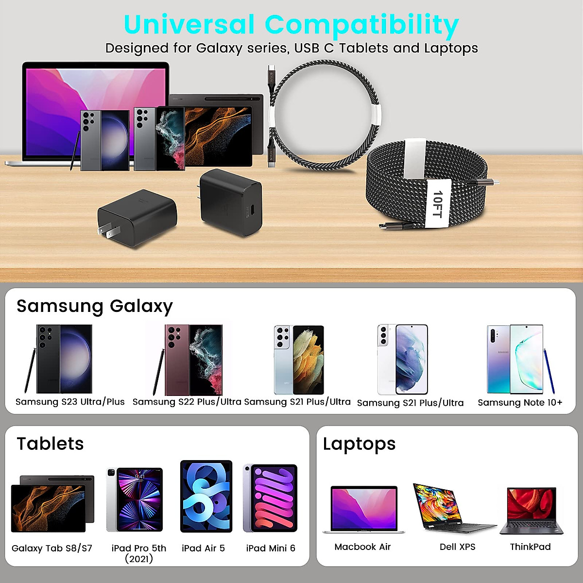 45W USB-C Charger, 2-Pack 45 Watt Samsung Super Fast Charger Type C Wall Charging Block with 2X 10FT Type C Cable for Samsung Galaxy S23 Ultra/S23/S23+/S22 Ultra/S22+/S22/S20/S21,Note 10/20,Tab S9/S8