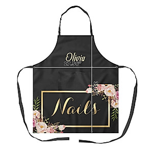 MakeUnique Nail Salon Black Personalized Aprons for Women Men Kitchen Cooking Baking Housework Hairstylist Barber Chef Apron with Pockets, 27.56x31.5 inch