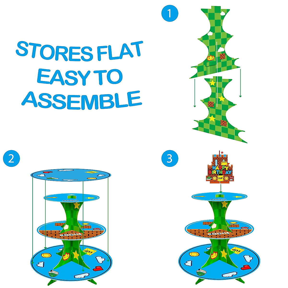 Super Brother Cupcake Stand Video Games Birthday Theme Party Supplies for Kids Birthday Cake Cupcake Decoration 3 Tier Cardboard Service Trays