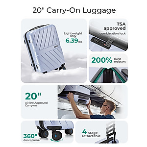 BAGSMART Carry On Luggage 22x14x9 Airline Approved, 20 Inch Lightweight Carry On Suitcase, Hard Shell Luggage with Spinner Wheels, 20 Inch Rolling Suitcases, Purple