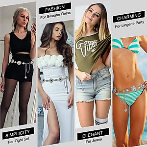 Junkin 3 Pcs Women Concho Western Chain Belts Turquoise Chain Belts Antique Western Waist Belts Country Metal Belt Link Belt (White, Black, Green)