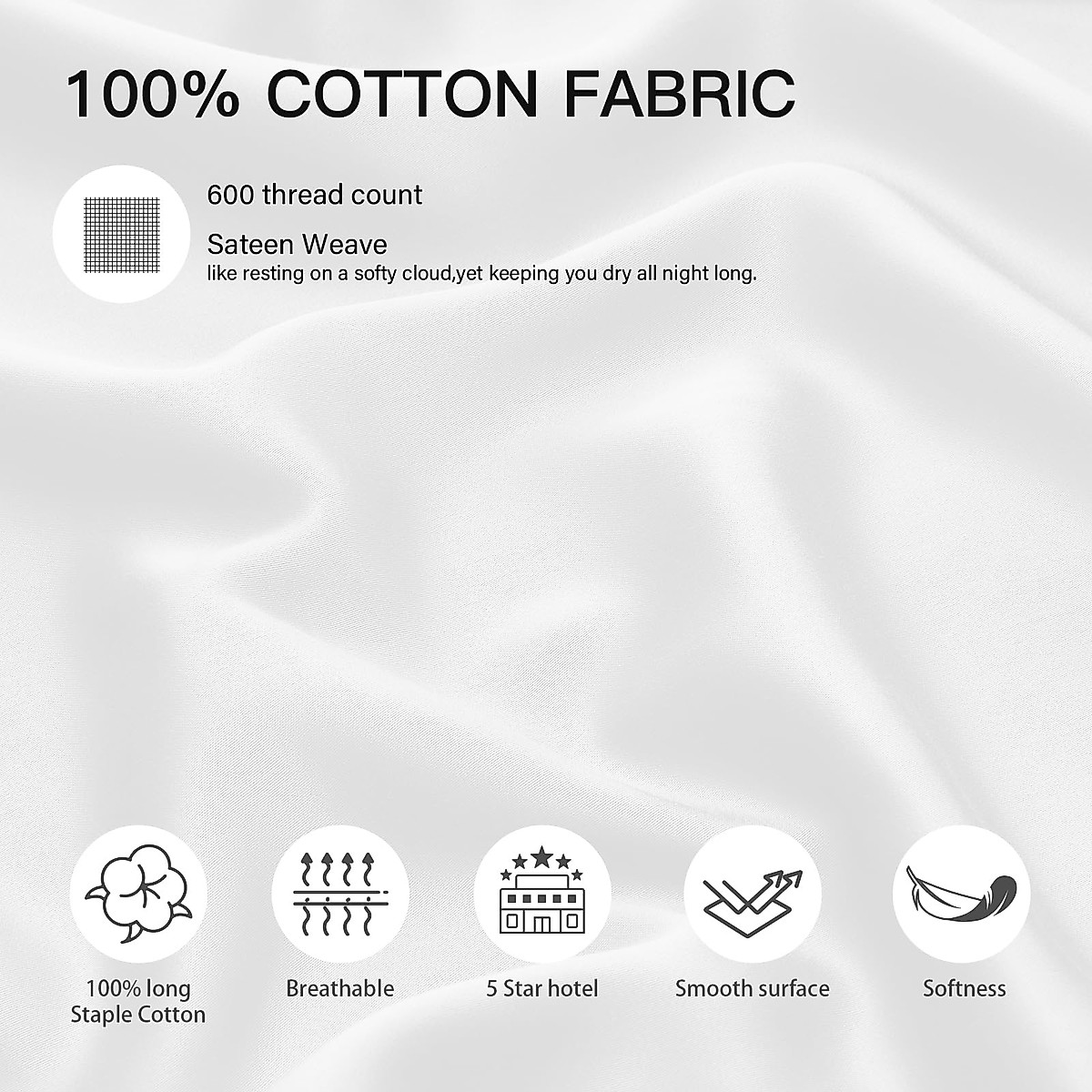 Deep Dream 100% Cotton Pillow Cases Standard Size Set of 2, Luxuriously Soft Hotel Quality 600 Thread Count, Cotton Pillowcases Standard with Envelop Closure, 20x26 Inches(Pure White)