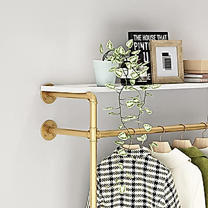HOMEKAYT Industrial Pipe Clothing Rack Wall Mounted Garment Rack with 2-tier Wooden Shelves Vintage Hanging Rack for Bedroom, Living room-Gold