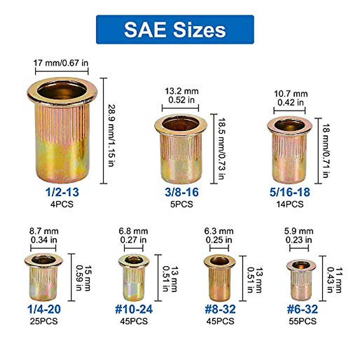 SAE and Metric Rivet Nuts, GTERNITY 380PCS #6-32#8-32#10-24 1/4-20 5/16-18 3/8-16 1/2-13 and M3 M4 M5 M6 M8 M10 M12 Nuserts Assorted Flat Head Rivnuts Threaded Insert Nut Kit 14 Sizes