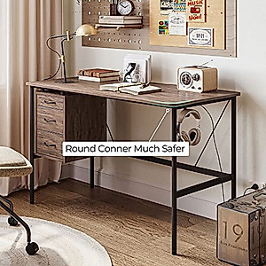 LINSY HOME Computer Desk 47 inch with 3 Drawer, Writing Desk Study Table with Monitor Stand Groove for Home Office, Brown