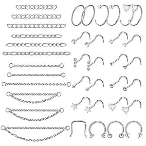 LOREMOW 38Pcs 316L Stainless Steel Nose Chain for Women Men Heart Nose Ring Chain Double Nose Chain Piercing Across Nose CZ Nose Piercing Stud Nostril Jewelry Silver S