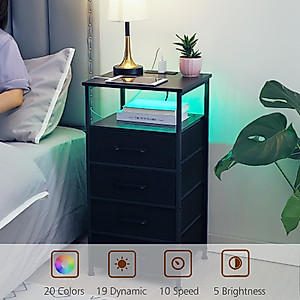 LOAKEKEL Nightstands Set of 2, Large End Tables Living Room, Bed Side Tables with Charging Station, 30" Tall Night Stand with 4 Fabric Drawers and LED Light Strip for Bedroom FBAHNS014BK