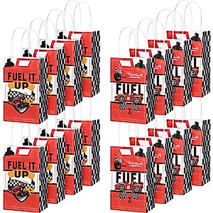 Pajean 16 Pieces Race Car Fuel Treat Bags Boxes Racing Car Party Goodie Bags Wrap Paper Bags with Handles Birthday Party Decorations Baby Favors Supplies Gifts