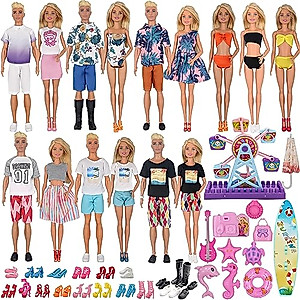 EuTengHao 78Pcs Doll Clothes and Accessories for 11.5 Inch Girl Doll and 12 Inch Boy Doll Includes 28 Wear Clothes Shoes and Lovers Outfit Sky Wheel Surfboard Hat for Summer Style Doll Accessories