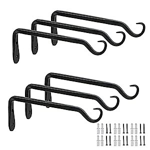 Worth Garden 6-Pack 7" Plant Hanger Bracket - Forged Wrought Iron Powder-Coated Heavy Duty Wall Hook - Black Plant Hanging Hooks - Durable and Stable for Bird Feeders, Planters Indoor & Outdoor
