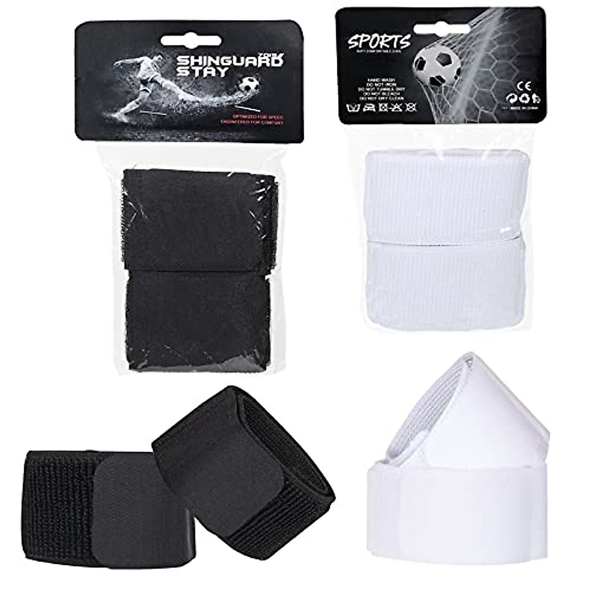 Shin Guard Straps, 4 PCS, Youth Soccer Shin Guard Stays, Elastic Shin Straps Soccer for Kicking Ball, Running, Cycling, Adjustable, Black and White Color in Package