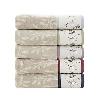 Madison Park Serene 100% Cotton Bath Towel Set Luxurious Floral Embroidered Cotton Jacquard Design, Soft and Highly Absorbent for Shower, Multi-Sizes, Blue