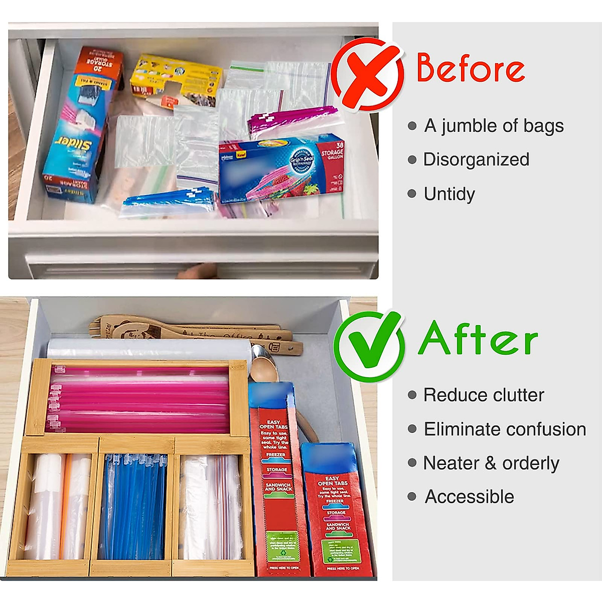 IVONNEY Bag Storage Organizer, Bamboo Food Storage Plastic Bag Organizer Drawer, Sandwich Bag Holder, Snack Gallon Quart Baggie Organizer Fit for Ziploc Hefty Glad Solimo Bags