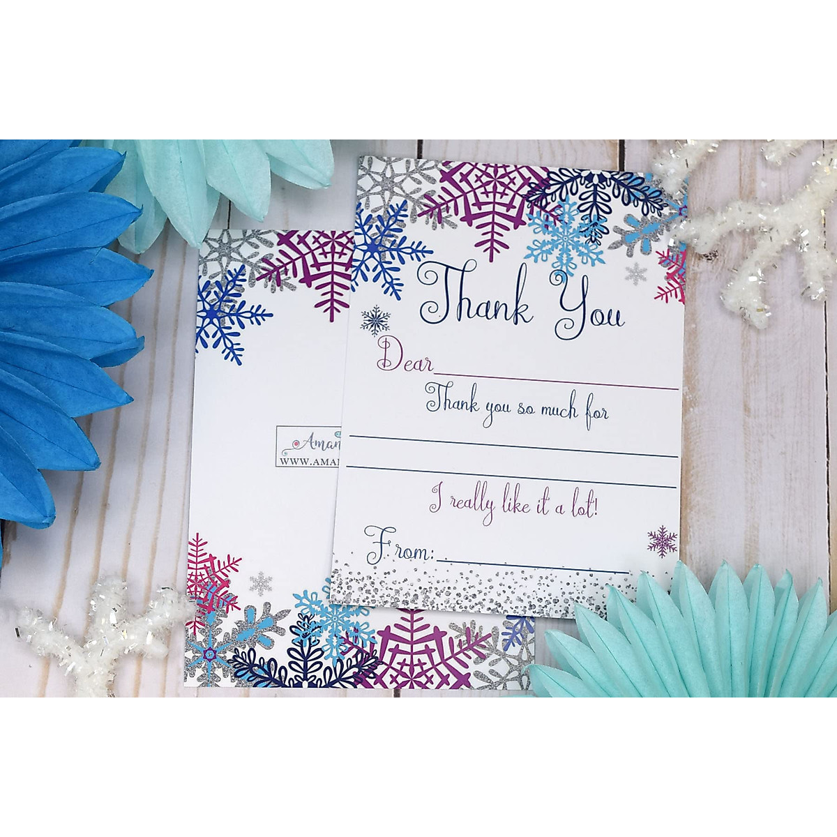 Winter Snowflake Birthday Thank You Notes, Ten 4" x 5.5" Fill In The Blank Cards with 10 White Envelopes by AmandaCreation