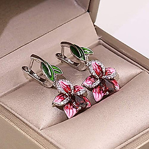 Earrings for Women Mom Fashion Women Enamel Leaf Flower Pendant Rhinestone Inlaid Leverback Earrings Statement Jewelry (Red)