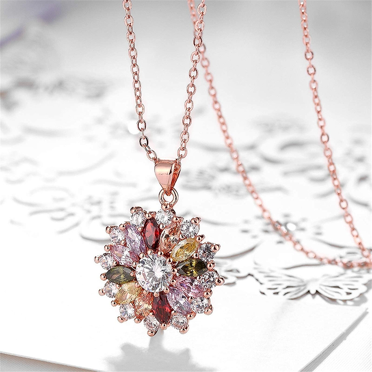 VONSSY Colorful Snowflake Pendant Necklace Earrings Rose Gold 5A Cubic Zirconia | Crystal Sweater Chain | Multi Gemstone Garnet Amethyst Morganite Peridot Prom Rhinestone Necklaces
