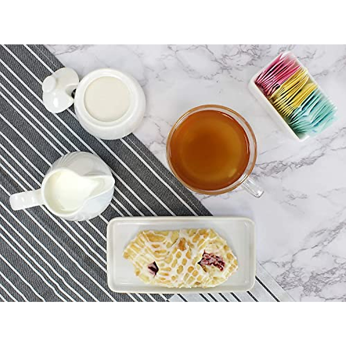 Darware Sugar and Creamer Set - 3-Piece Set w/Cream Pitcher, Sugar Bowl, Sweetener Packet Holder, White Ceramic Tea/Coffee Set