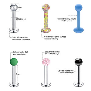 EVELICAL 48Pcs 16G Surgical Steel Lip Rings for Women Acrylic Labret Studs Monroe Conch Cartilage Tragus Helix Earrings Body Piercing Jewelry Style 1 8mm