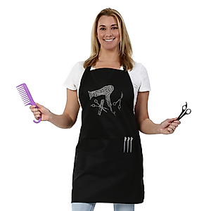 Plum Hill Hair Stylist Apron with Rhinestones - Salon Aprons for Hairdresser and Cosmetology - 3 Pockets, Long Ties, Black