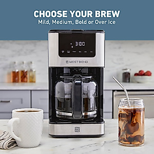 West Bend Drip Coffee Maker Brews Hot or Iced, Programmable with Brew Strength Selector Auto Shut-Off and 6 Functions Permanent Mesh Filter and Glass Carafe, 12-Cup, Metallic,Silver
