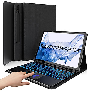 typecase Keyboard Case for Galaxy Tab S8 Plus - 12.4" - 2022 - Smart Trackpad - Slim Keyboard with S Pen Holder - 7 Colors Backlight - Protective Stand Cover for Tab S7 FE 2021 & S7 Plus 2020 - Black