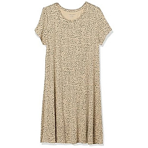 Amazon Essentials Women's Short-Sleeve Scoop Neck Swing Dress (Available in Plus Size), Light Rose Leopard Print, Small