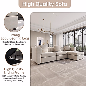 HOTICKME 149.6" Velvet Sectional Sofa with 4 Pillows, 8 Seaters Sofa Couch for Living Room, Convertible U-Shaped Couch with Cushions, Oversized Sectional Sofa with 4 Storage Ottoman, Beige