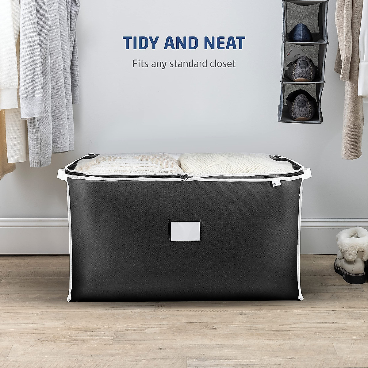 ZOBER Jumbo Storage Bag Organizer (2 Pack) Large Capacity Storage Box with Reinforced Strap Handles, PP Non-Woven Material, Clear Window, Store Blankets, Comforters, Linen, Bedding, Seasonal Clothing