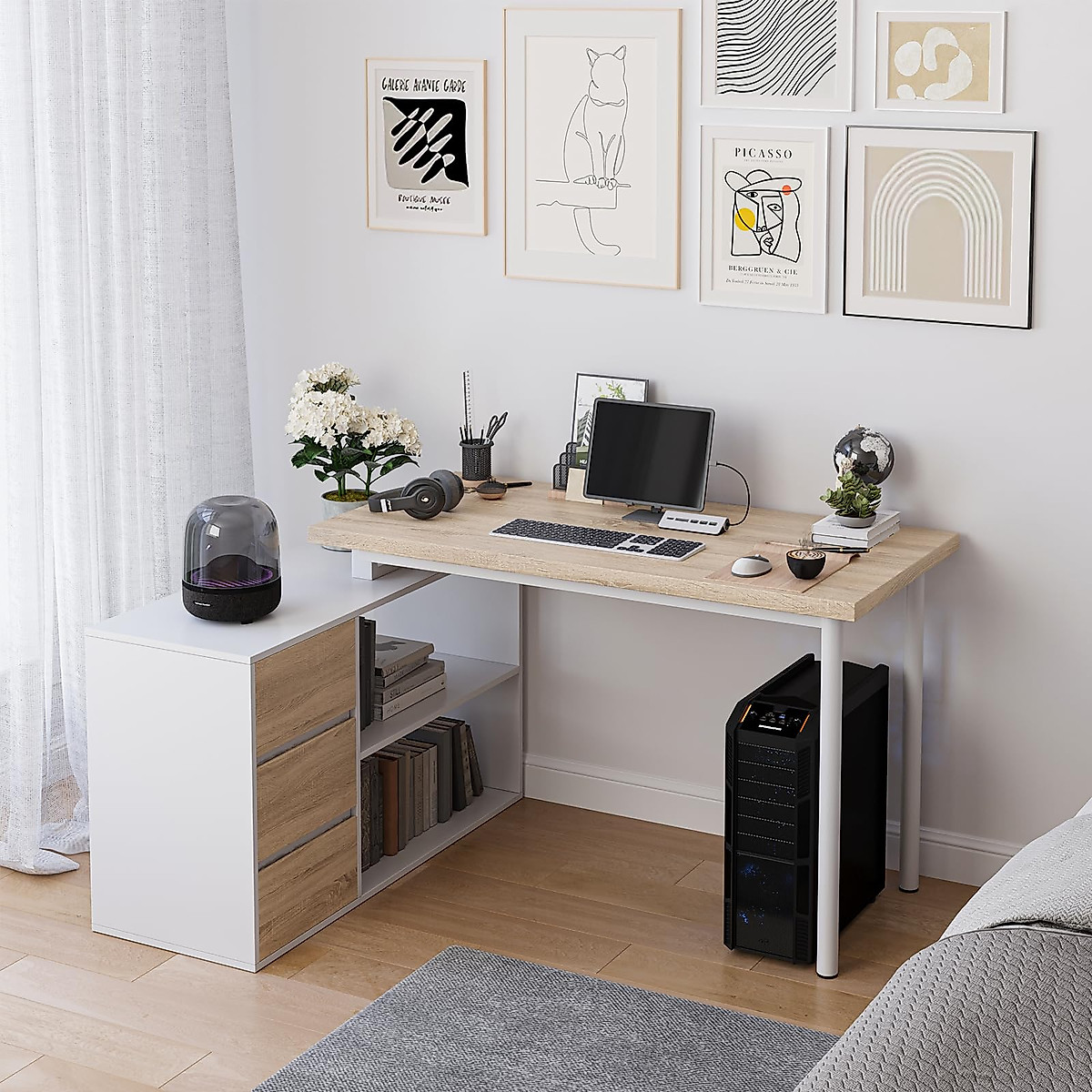 Mekminop L Shape Computer Desk with 3 Drawers and 2 Shelves, Home Office Desk Corner Small Desk with Storage Cabinet for Writing Study Executive – Walnut and White