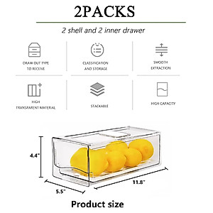 bealy 2 pack Refrigerator Organizing Bins with Drain Board Stackable Refrigerator Organizer Bins, Reusable Food Storage Containers, Fridge Drawer Organizer,Kitchen,Produce,Fruit,Vegetable