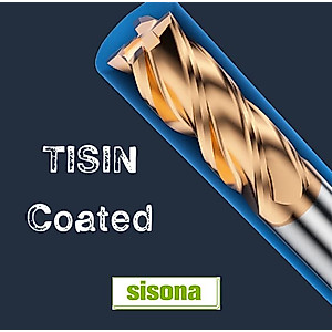 sisona 1/8" 3/16" 1/4" 5/16" 3/8" Carbide End Mills Set - Solid Carbide (Tungsten Carbide + Cobalt) - 5Pcs 4 Fulte CNC Mill Bits for Steel - TISIN Coated