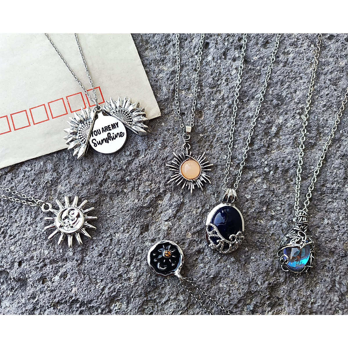 SMADYYY Crystal Necklace Healing Moonstone Heart Necklaces Evil Eye Sunflower Sun and Moon Necklace Hippie Pendants Indie Aesthetic Jewelry set for Women Men Gift (vintage pendant-12pcs)