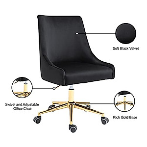 Meridian Furniture 163Black Karina Collection Modern | Contemporary Velvet Upholstered Swivel and Adjustable Office Chair with Durable Rich Gold Base, Black, 23" W x 26" D x 36"-39" H