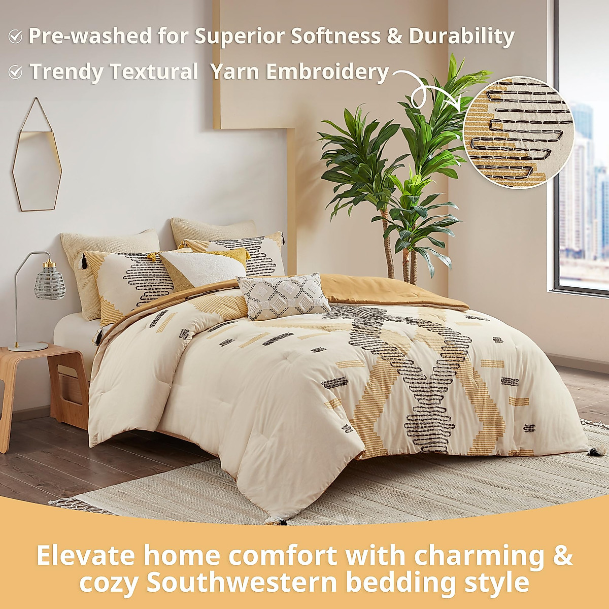 INK+IVY Queen Duvet Cover Set, Southwestern Geometric with Decorative Embroidery, Boho Duvet Set Queen, Pre-Washed Cotton Duvet Queen Set Bedding Cover, 2 Shams, Arizona, Full/Queen Yellow 3 Piece