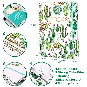 2024 Planner - Planner 2024, Weekly & Monthly Planner, January 2024 - December2024, 9" x 11", Thickened Cover, Twin - Wire Binding, Monthly Tabs, Elastic Closure