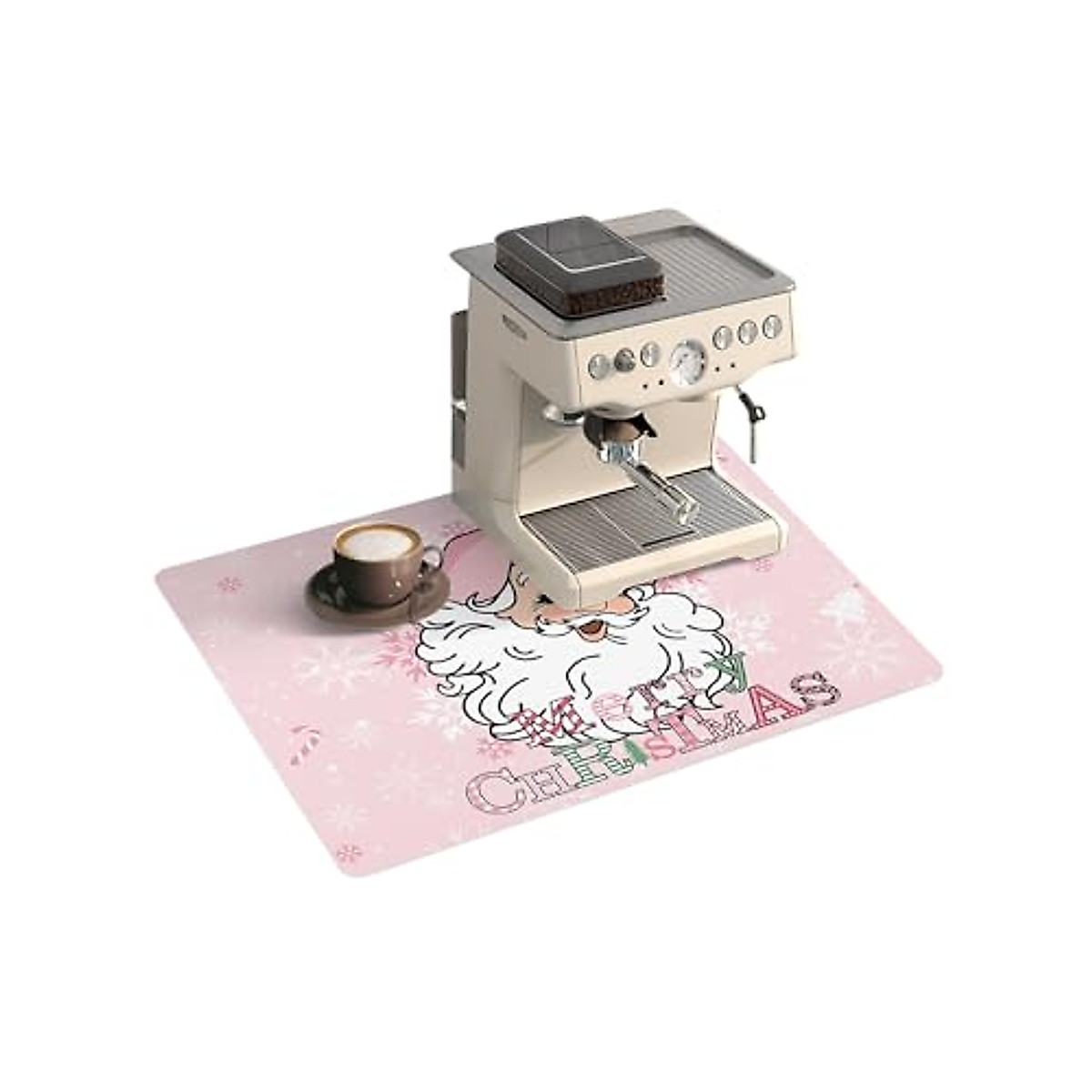 LaBLUUX Coffee Mat for Counter, Merry Christmas Cute Pink Santa Absorbent Hide Stain Coffee Bar Mat, Non-Slip Coffee Bar Accessories Kitchen Drying Mat Fit Under Coffee Maker Espresso Machine