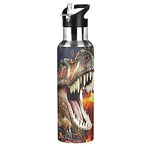 Dinosaur 3D T-Rex Water Bottle with Straw Lid Thermos Kids Insulated Stainless Steel Water Flask Sports, 20 Oz Hot Cold