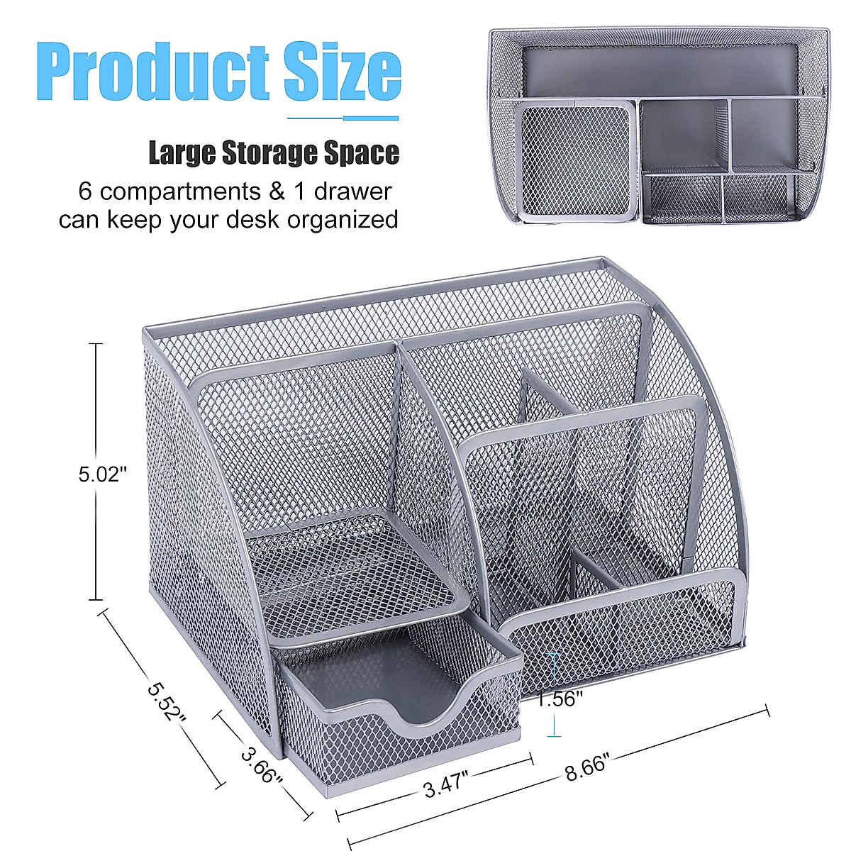 Desk Organizer Office Accessories, Multi-Functional Mesh Desk Organizer with 6 Compartments and 1 Drawer for Home, Office, School, Workshop, kitchen (Silver)