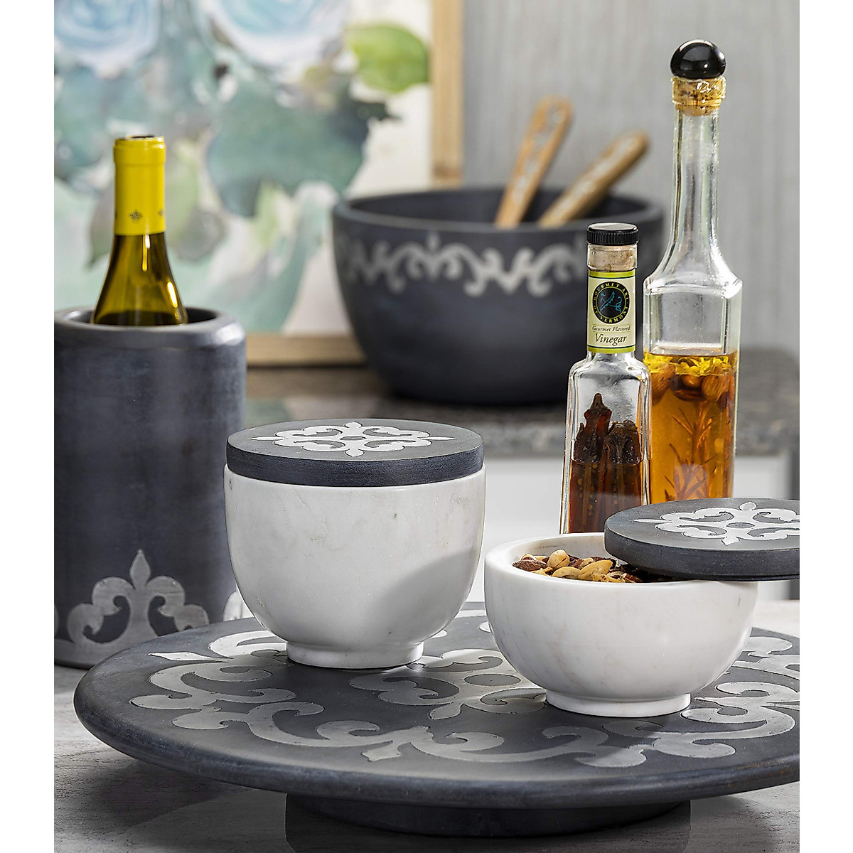 Gray-washed metal-inlay lazy susan