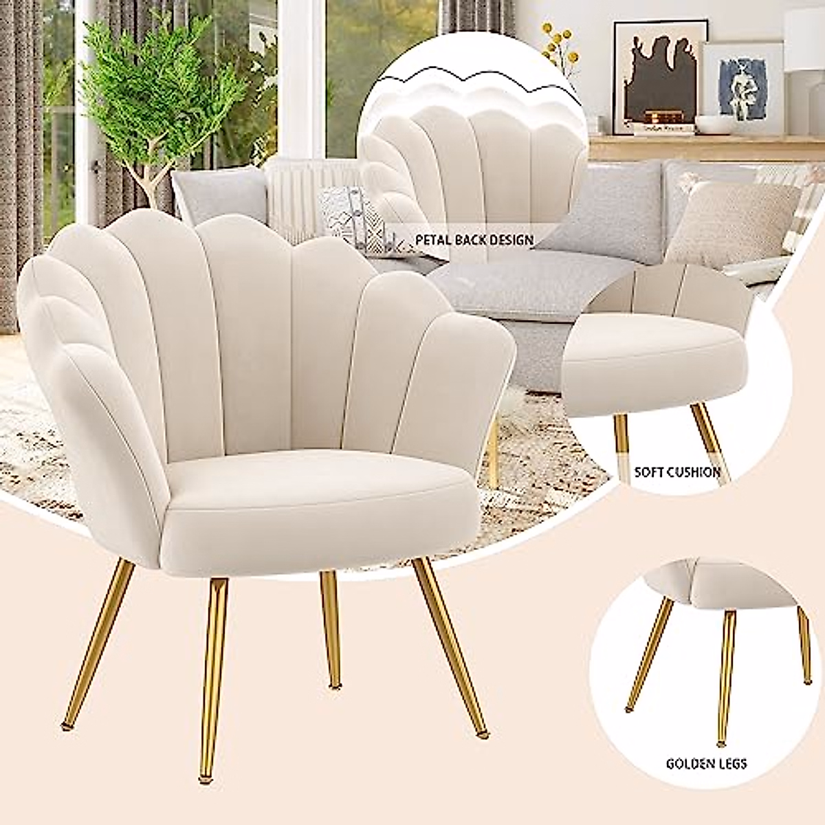 Alunaune Mid Century Velvet Living Room Chair Accent Chairs, Upholstered Vanity Chair for Makeup Room, Modern Barrel Arm Chair Guest Leisure Chair Comfy for Bedroom-Ivory