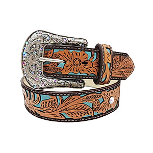 TOPACC Western Belts for Woman Cowgirl Brown Turquoise Cowboy Belt Bling Floral Rodeo Belt for Jeans Gilrs Country Concert Outfit
