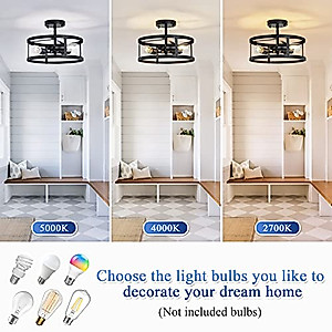 XPEHK 3-Light Semi Flush Mount Ceiling Light,Farmhouse Flush Mount Light Fixture,Industrial Ceiling Light Black Metal Cage Ceiling Lighting for Kitchen Foyer Hallway Entryway 2 Pack