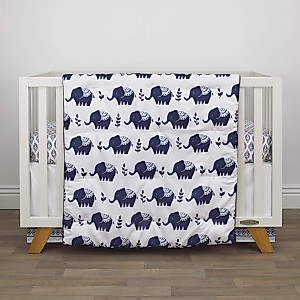 NoJo Indigo Hues Blue and White Elephant 4 Piece Nursery Crib Bedding Set - Comforter, 100% Cotton Fitted Crib Sheet, Dust Ruffle, Super Soft Baby Blanket