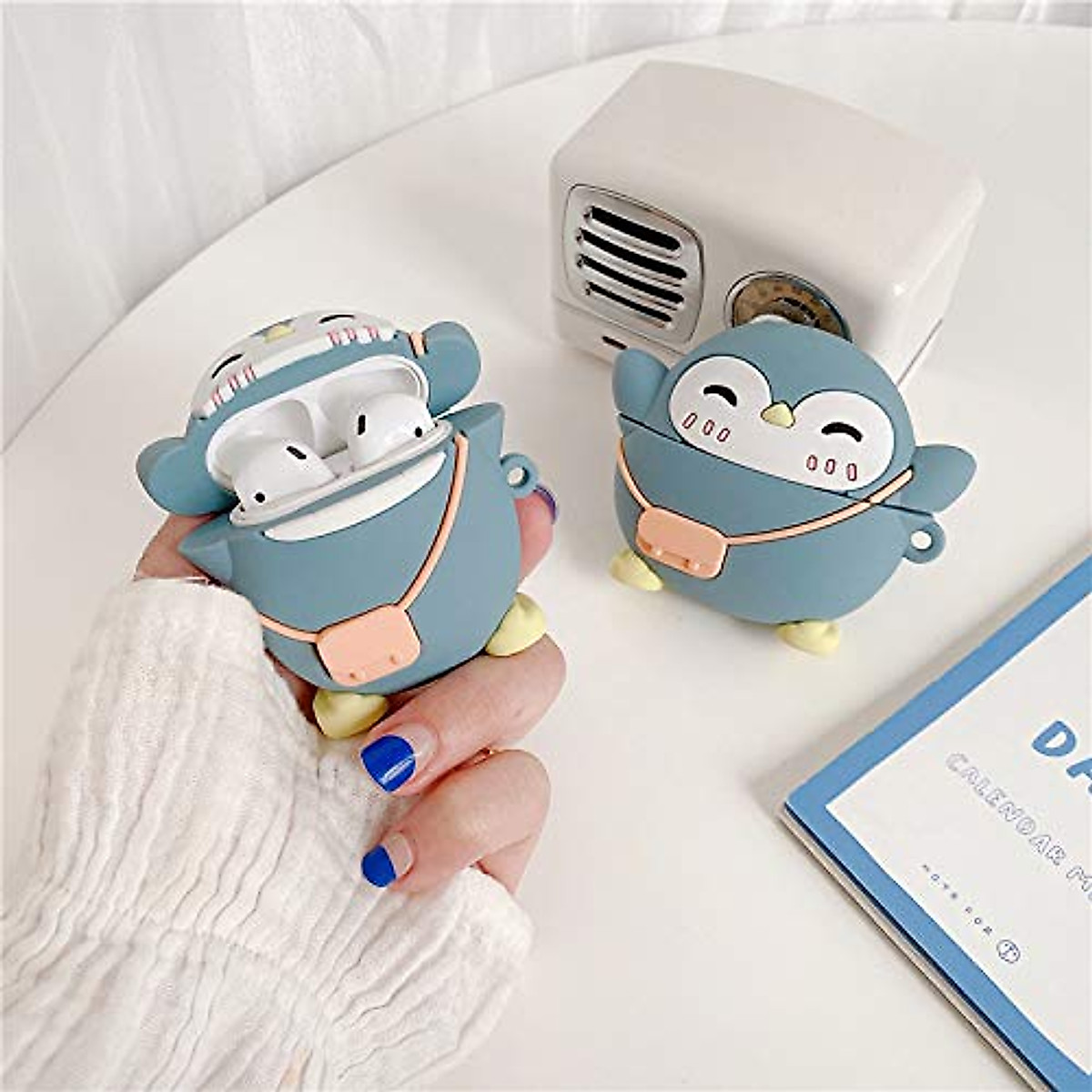 UR Sunshine Case Compatible with AirPods Pro, New Super Cute Shoulder Bag Jumping Penguin Cover Case, Soft Silicone Gel Stylish Blue Penguin Earphone Case Compatible with AirPods Pro +Hook