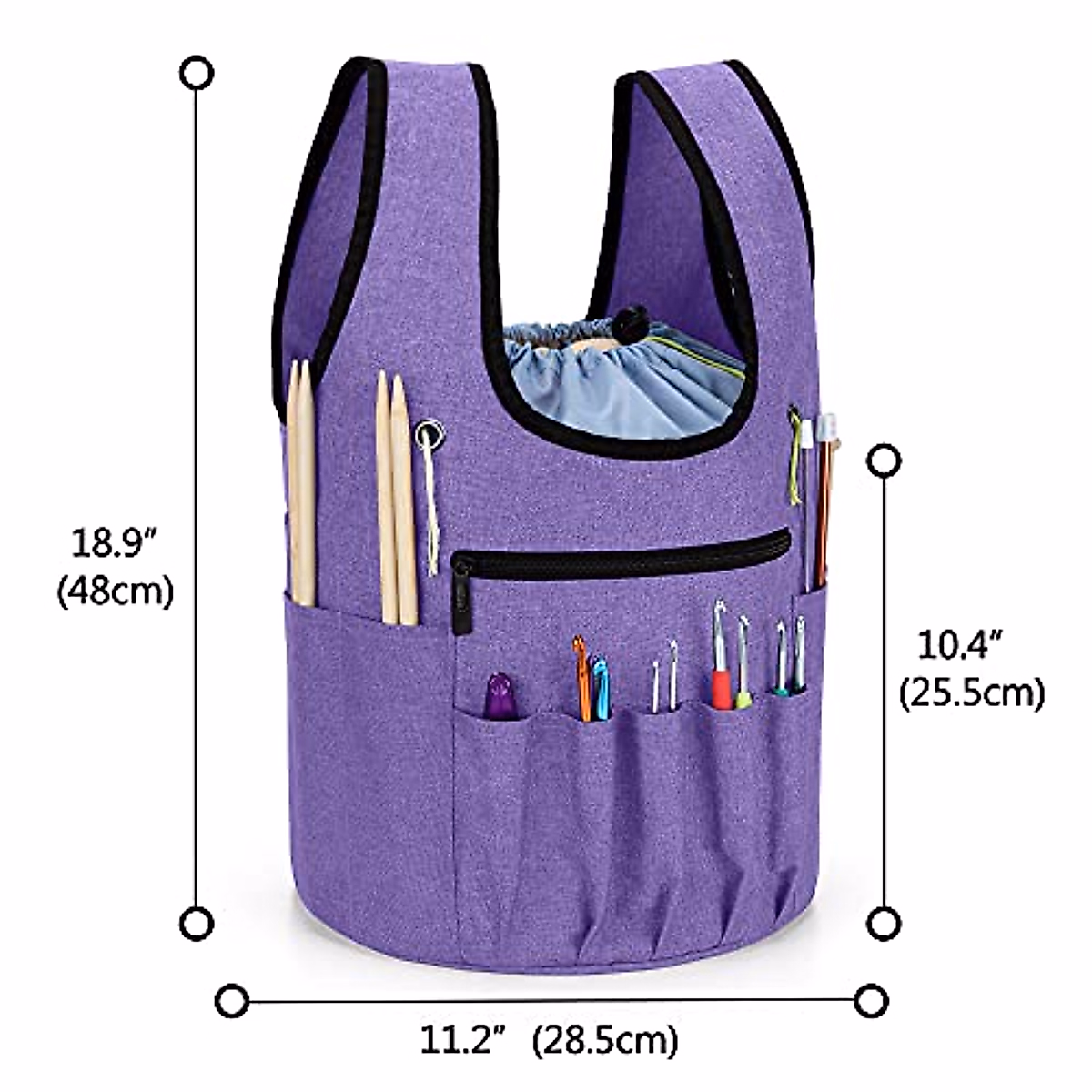 CURMIO Knitting Tote Bag, Yarn Project Wristlet Bag with Drawstring for Knitting Needles, Crochet Hooks and Supplies, Purple (Bag Only)