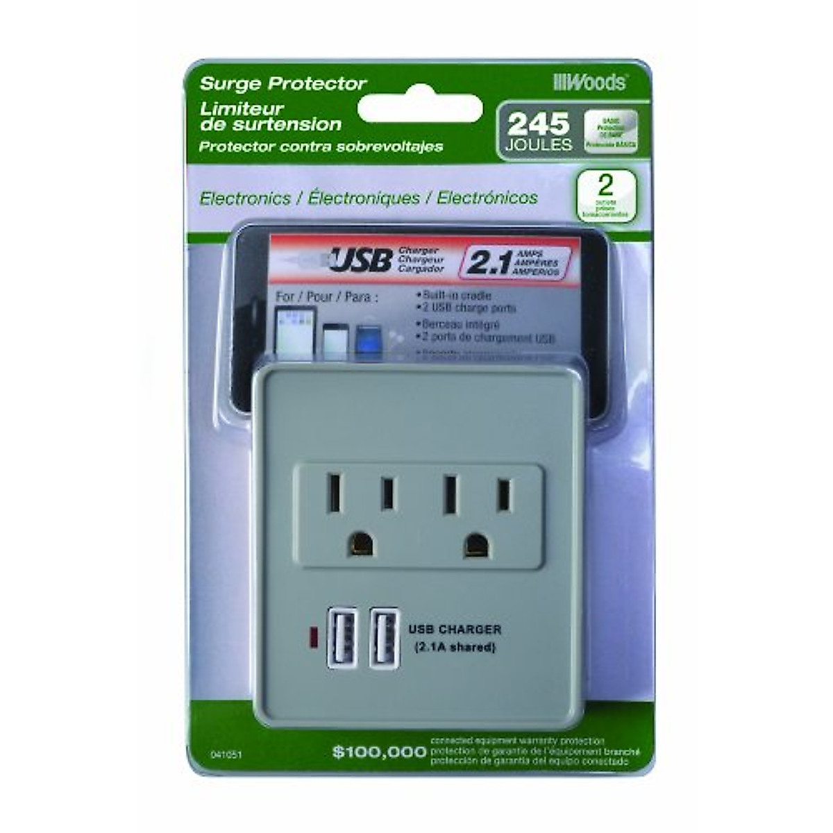 Coleman Cable 041051 2.1A USB Charger 2-Outlet 245J Surge Protector with Cradle Holder, White