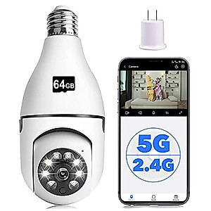 1080P Light Bulb Camera, Wireless WiFi Home Security Camera 360° Surveillance Cam with Motion Detection Alarm Night Vision Light Socket Camera (1 Pack 5G&2.4G with 64G SD Card)