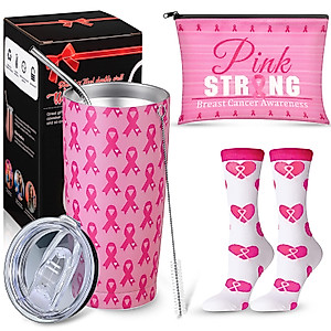 Breast Cancer Survivor Gifts Breast Cancer Awareness Tumbler Engraved with Hope Strength Cure Inspirational Gift Cosmetic Pouch Makeup Bag and Breast Cancer Socks for Women (Pink, Stylish Style)